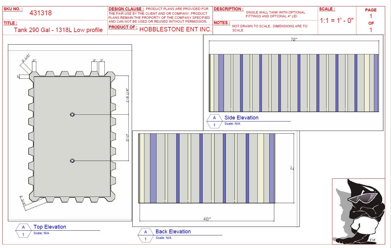 431318 Tank 290 Gal - 1318L Low profile | Hobblestone Ent Inc